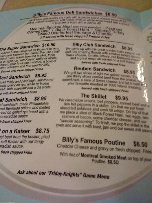 Menu at Billy's Downtown Deli restaurant, London