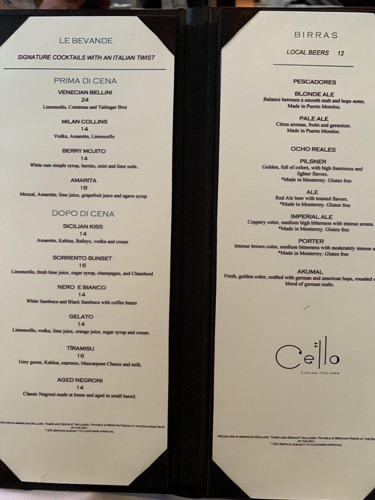 Carta del restaurante Cello, Playa del Carmen