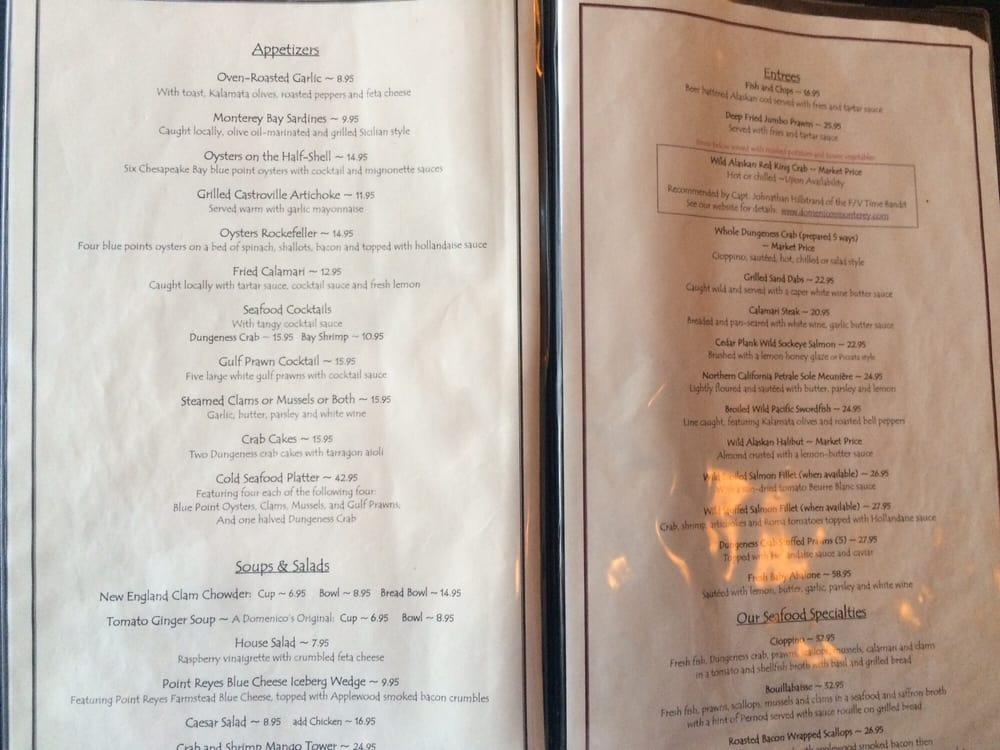 Menu at Domenico's on the Wharf restaurant, Monterey