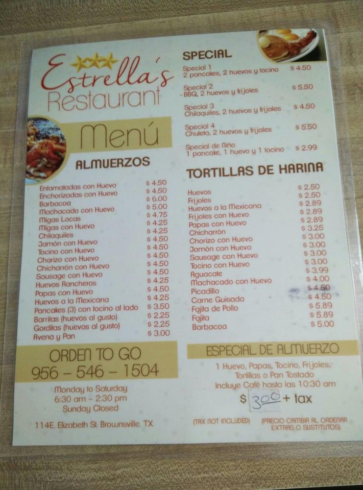 Menu at Estrellas Restaurant, Brownsville