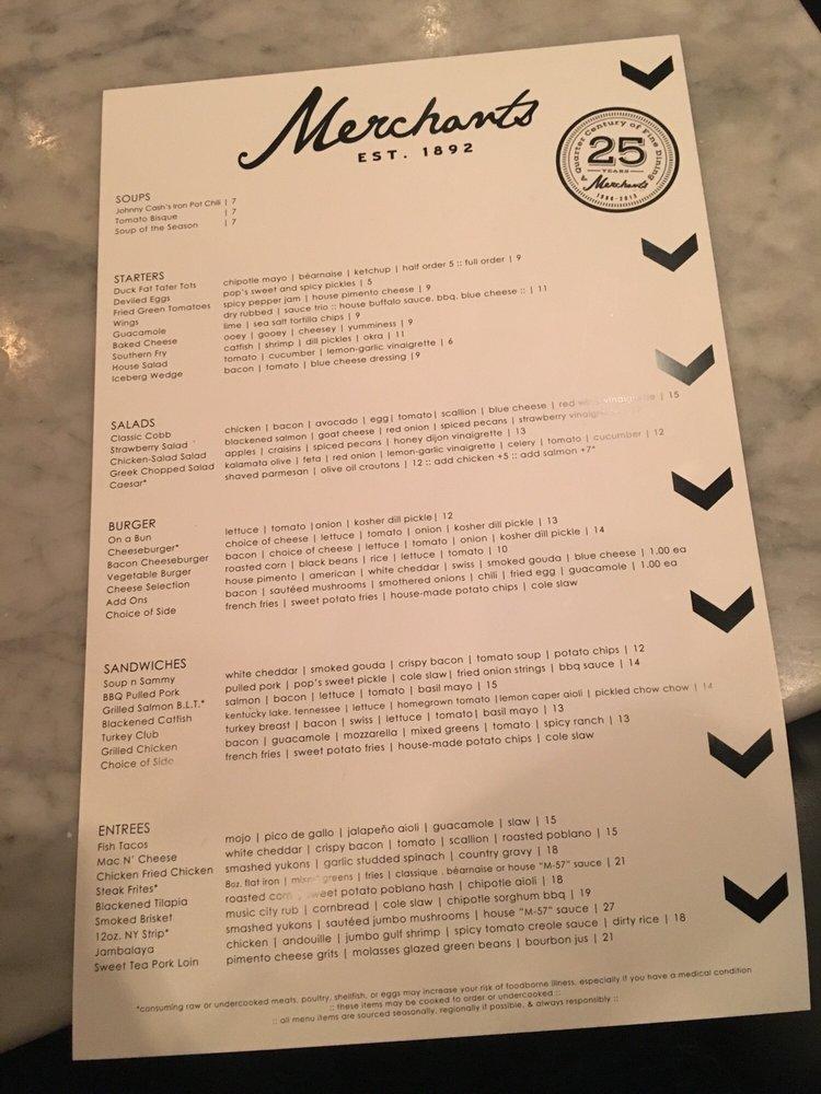 Menu at Merchants steakhouse, Nashville