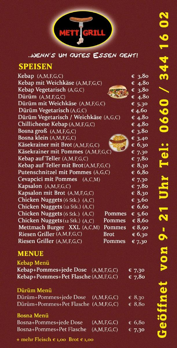 Menu at Mett Grill Kebabimbiss & tankstelle und shop, Austria