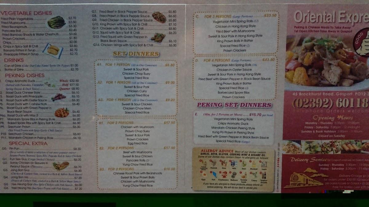 Menu at Oriental Express fast food, Gosport
