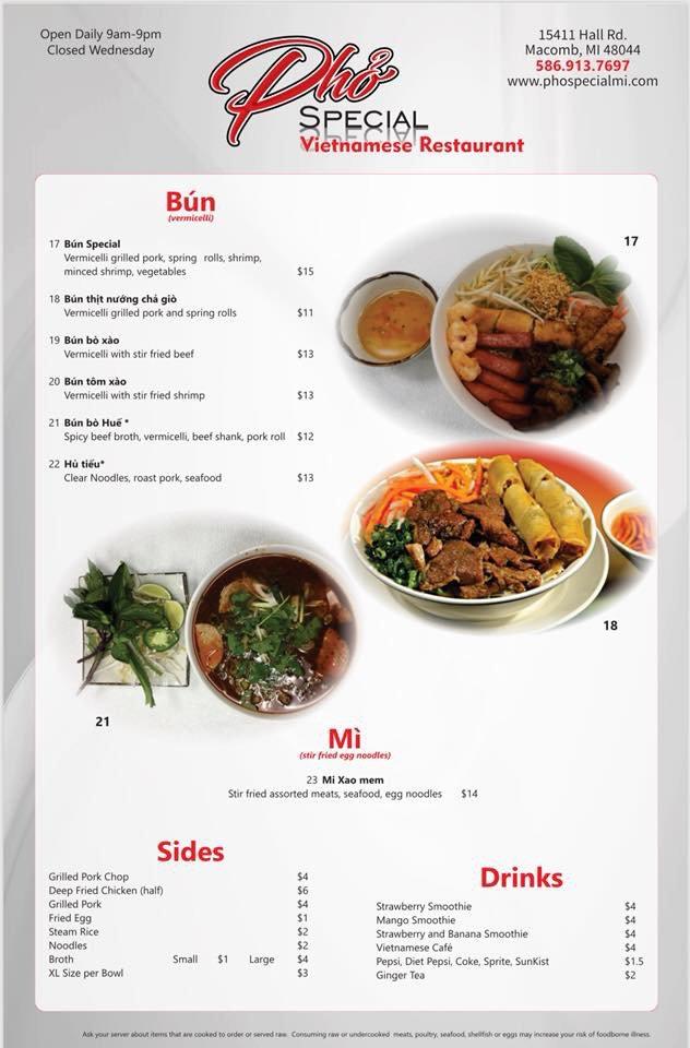 Menu at Phở Special restaurant, Shelby charter Township