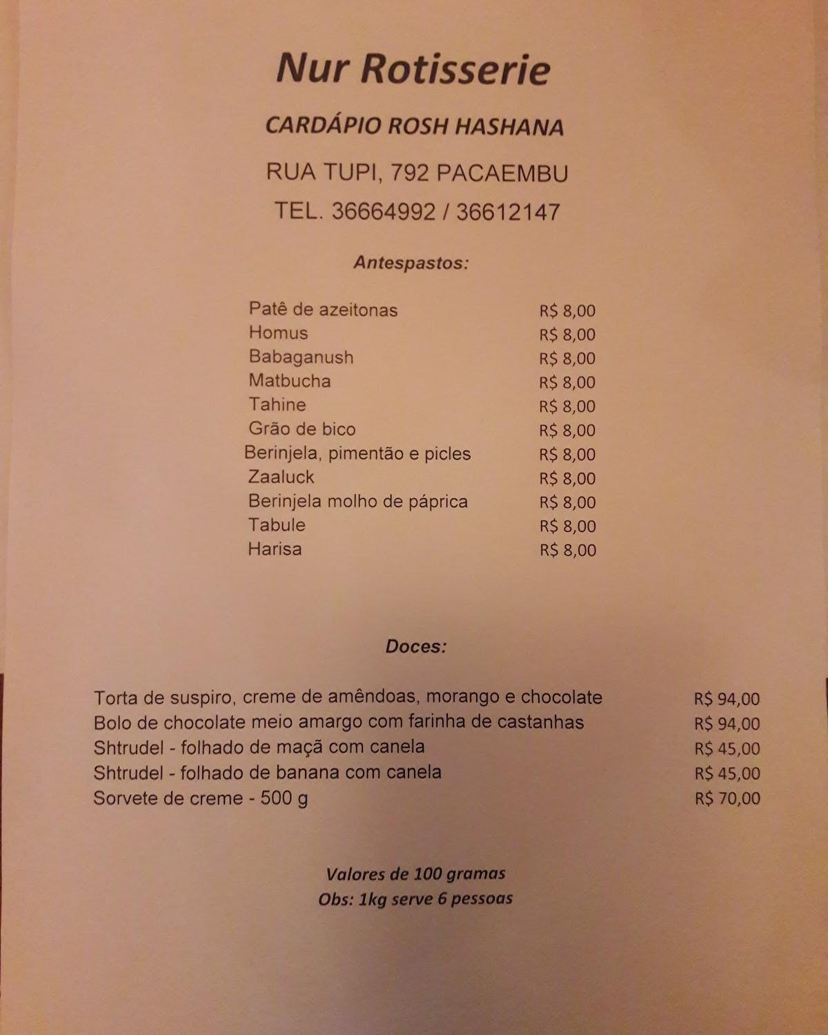 Menu at Restaurante Nur, São Paulo