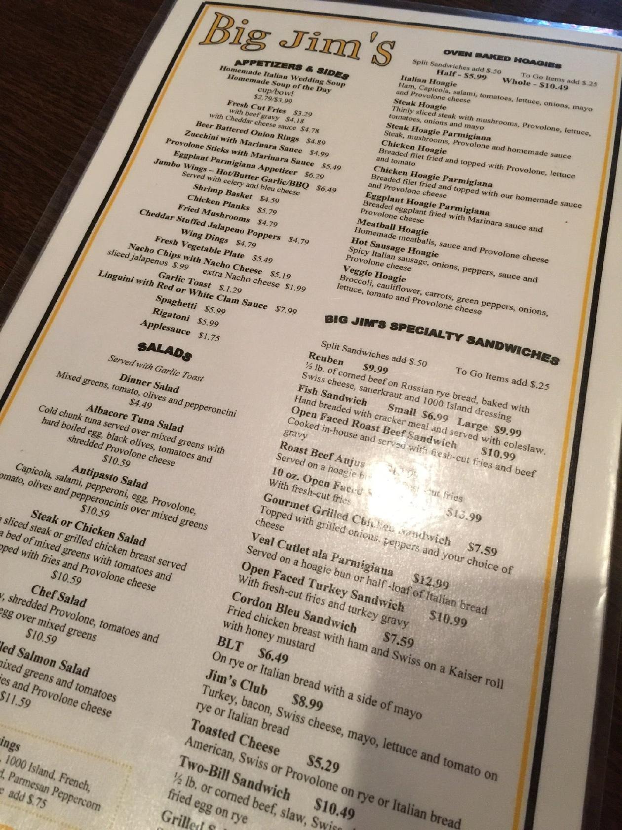 Menu at Big Jim's in the Run restaurant, Pittsburgh
