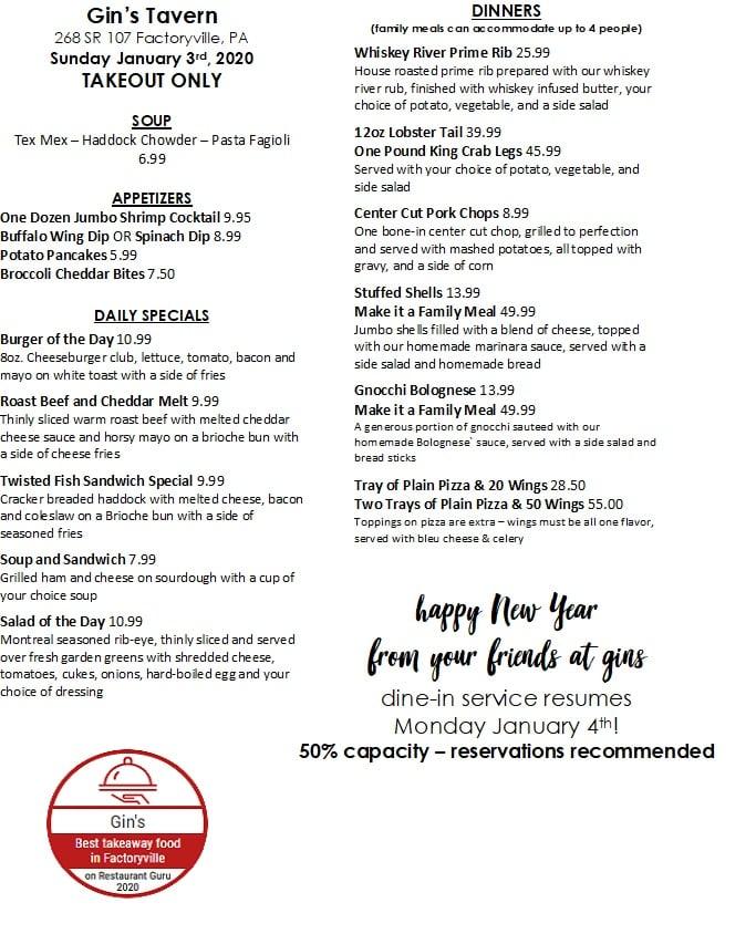 Menu at Gin's Tavern pub & bar, Factoryville
