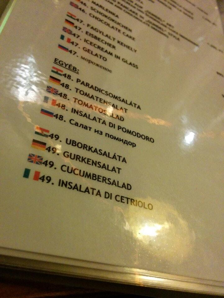 Menu at Grappa restaurant, Budapest