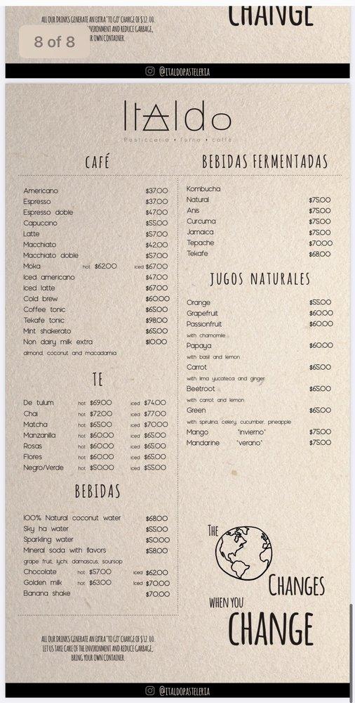 Menu at Italdo cafe, Tulum, AV. 5 Sur Manzana 892 Lote 6