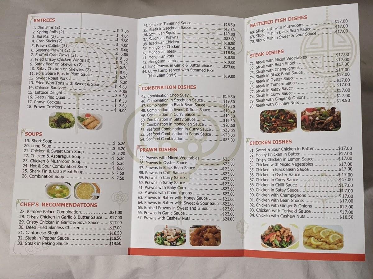 Menu at Kilmore Palace restaurant, Kilmore