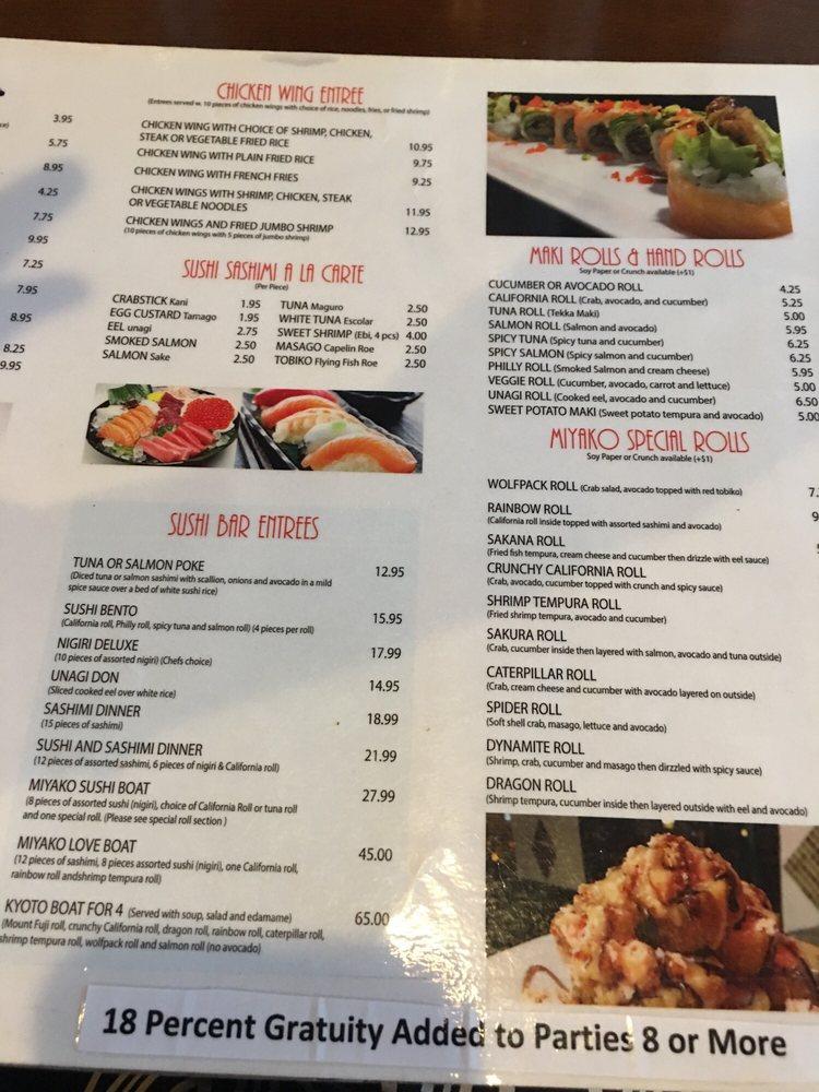 Menu at Miyako Japanese Cuisine restaurant, Laurinburg