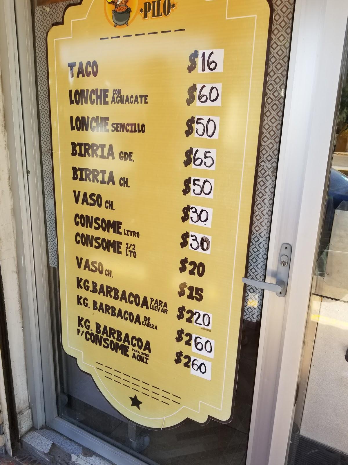 Menu at Pilo restaurant, Gómez Palacio