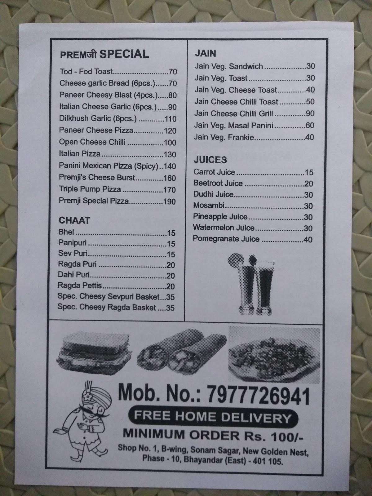 Menu at Premji Sandwich, Burger and Juice Corner, Mira Bhayandar