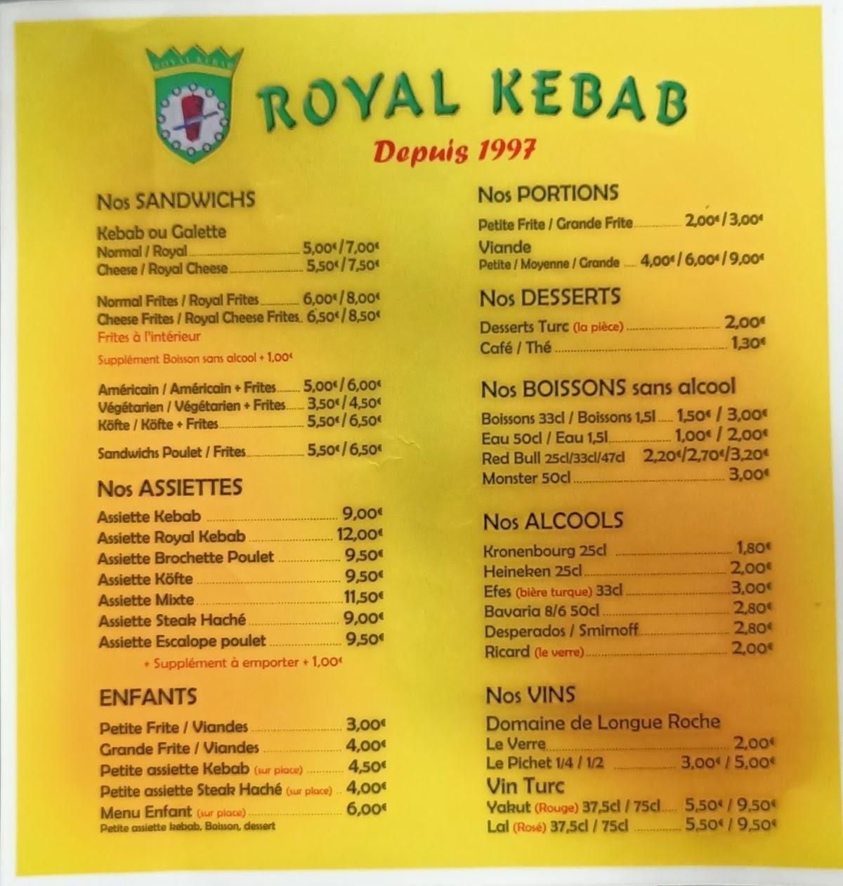 Menu at Royal Kebab Depuis 1997 fast food, Narbonne
