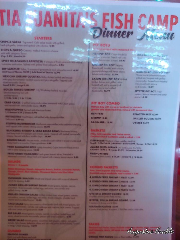 Menu at Tia Juanita's Fish Camp restaurant, Lumberton