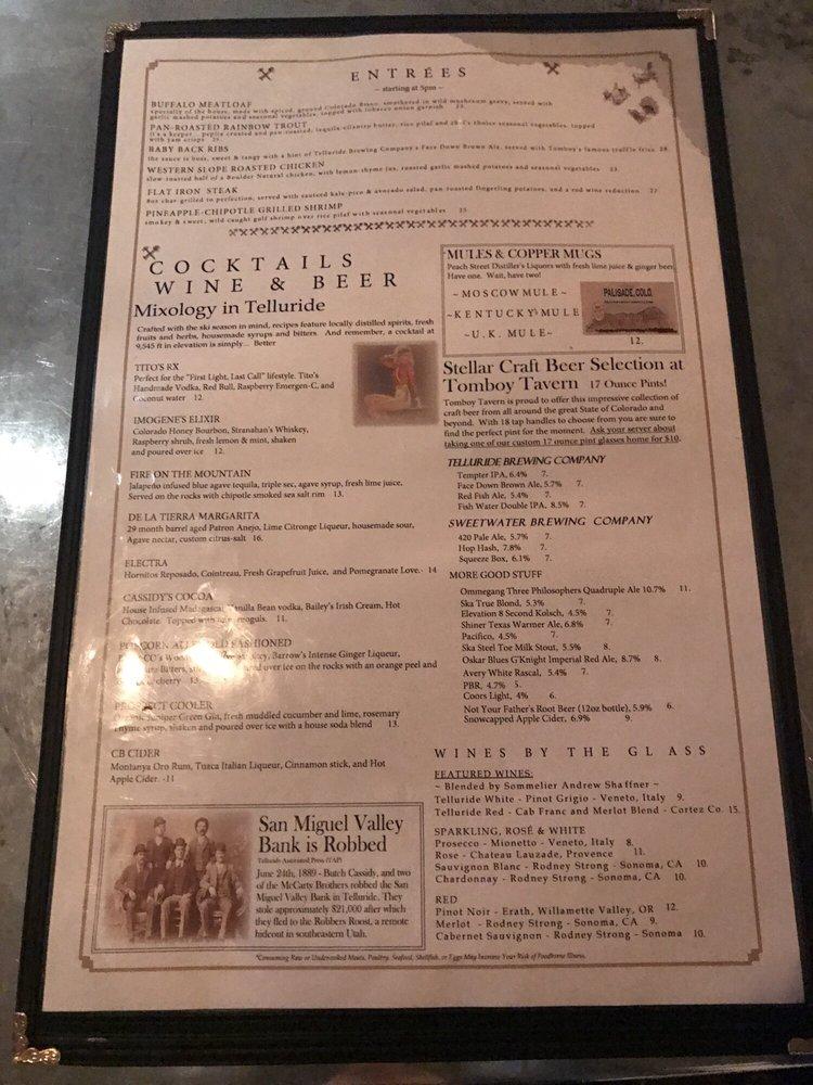 Carta del pub y bar Tomboy Tavern, Mountain Village