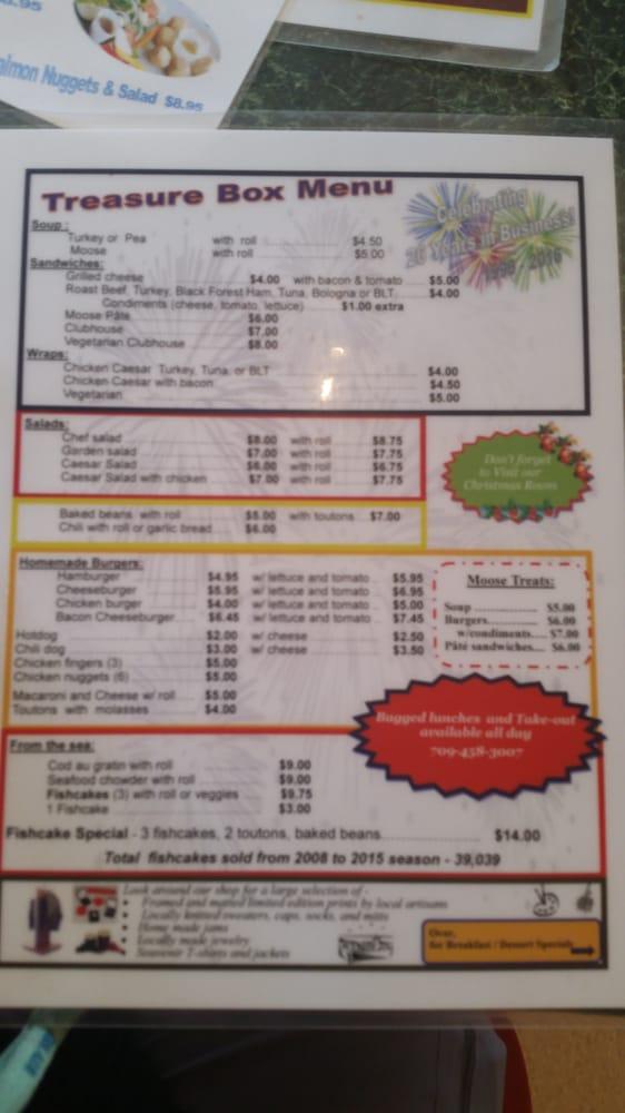 Menu at Treasure Box restaurant, Rocky Harbour