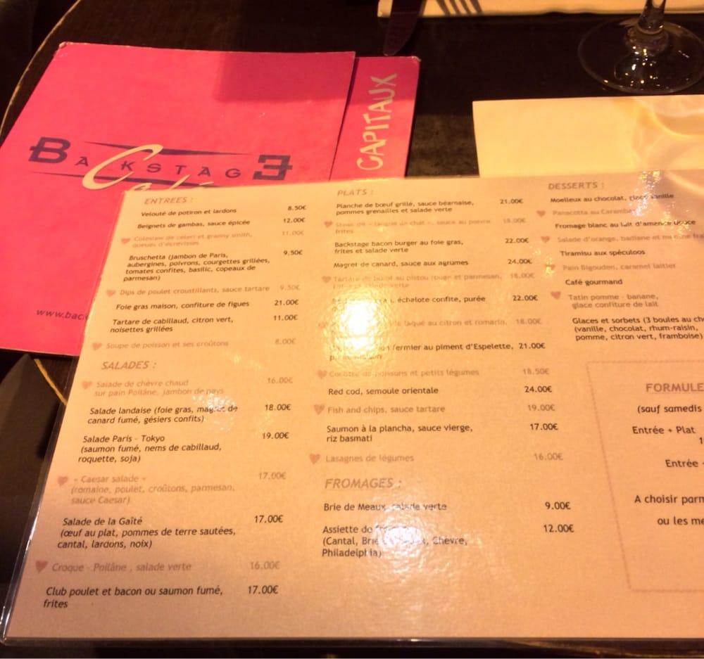 Menu at Backstage café HIPI, Paris