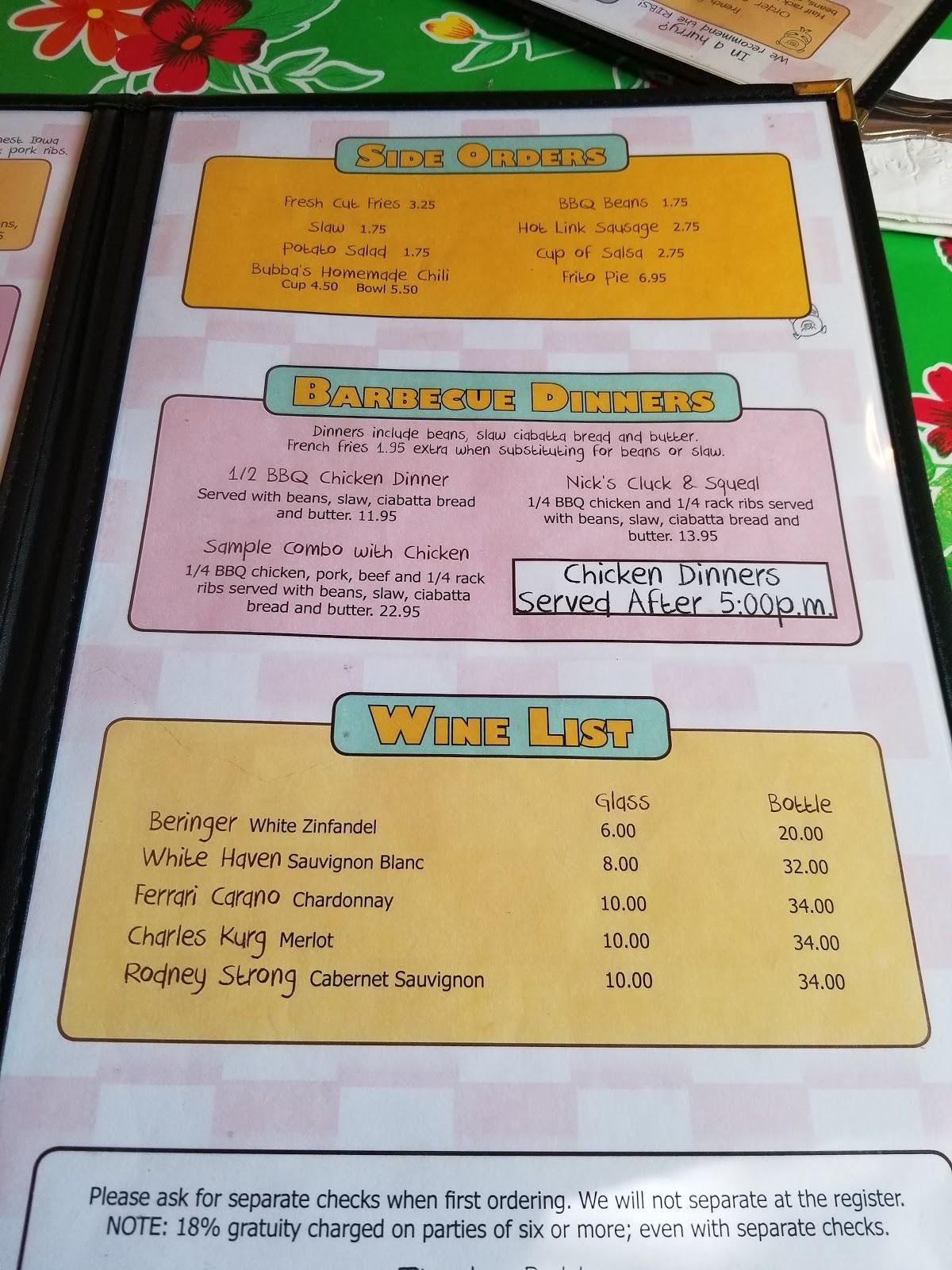 Menu at Bubba's Barbecue, Eureka Springs