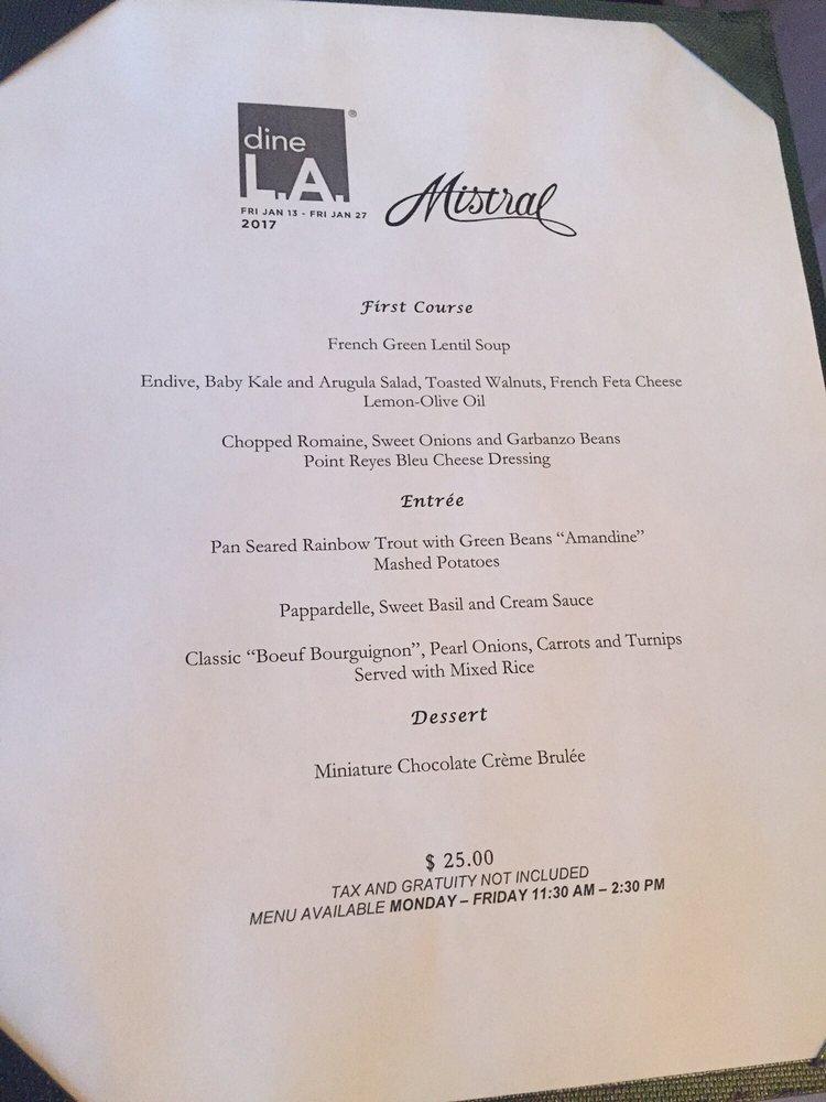 Menu at Mistral steakhouse, Los Angeles