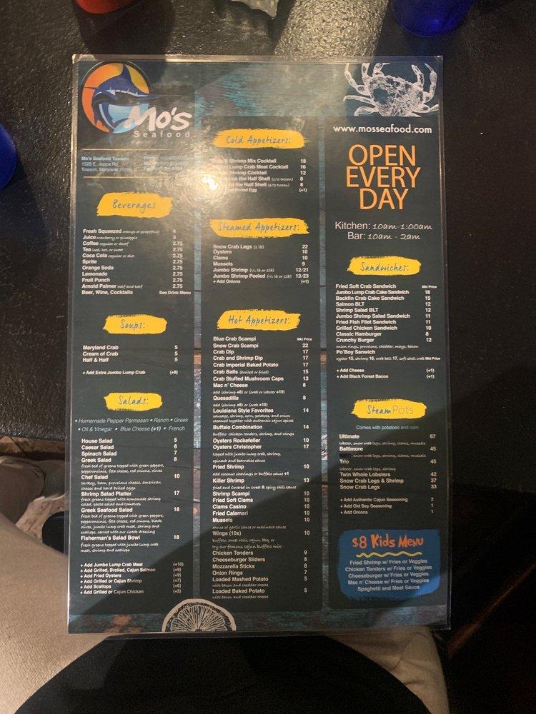 Menu at Mo's Seafood restaurant, Towson, E Joppa Rd