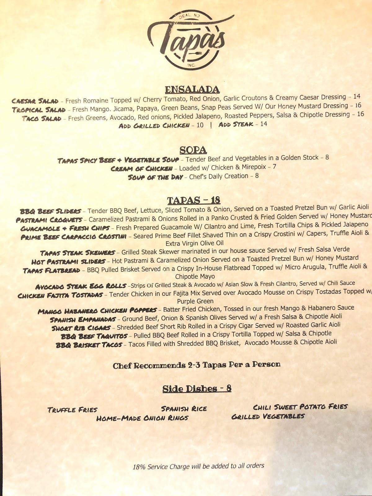 Menu at TAPAS restaurant, Deal