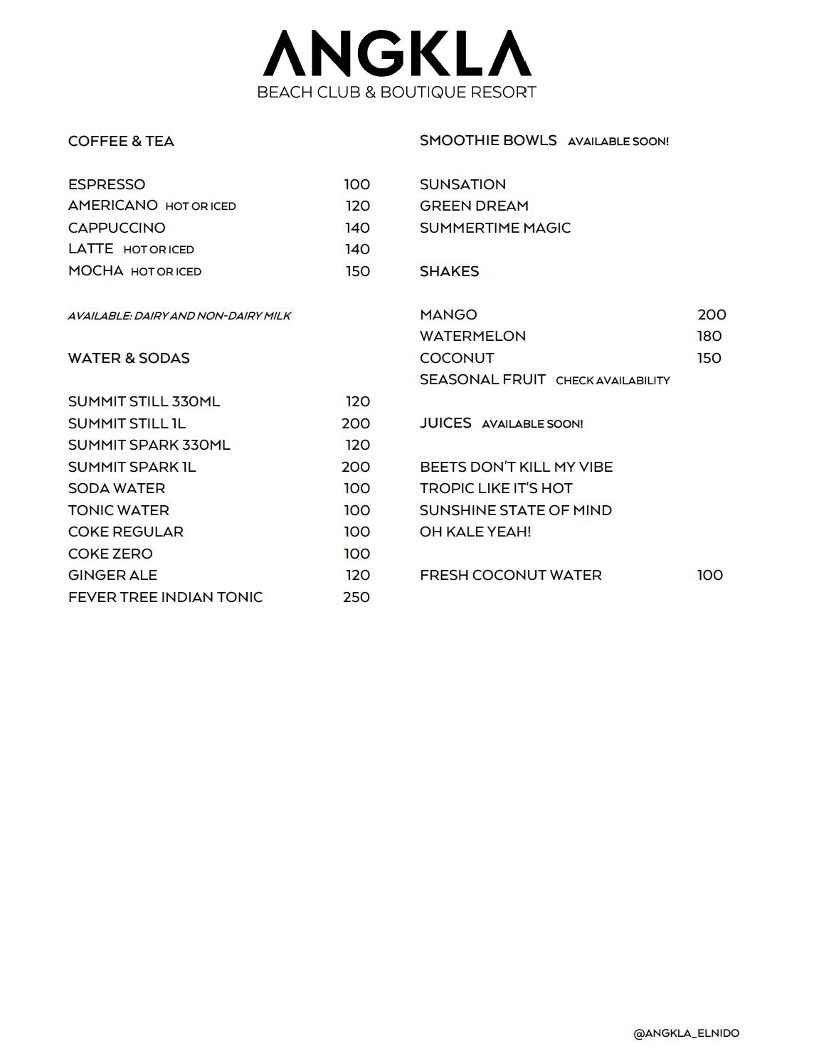 Carta del pub y bar Angkla, El Nido