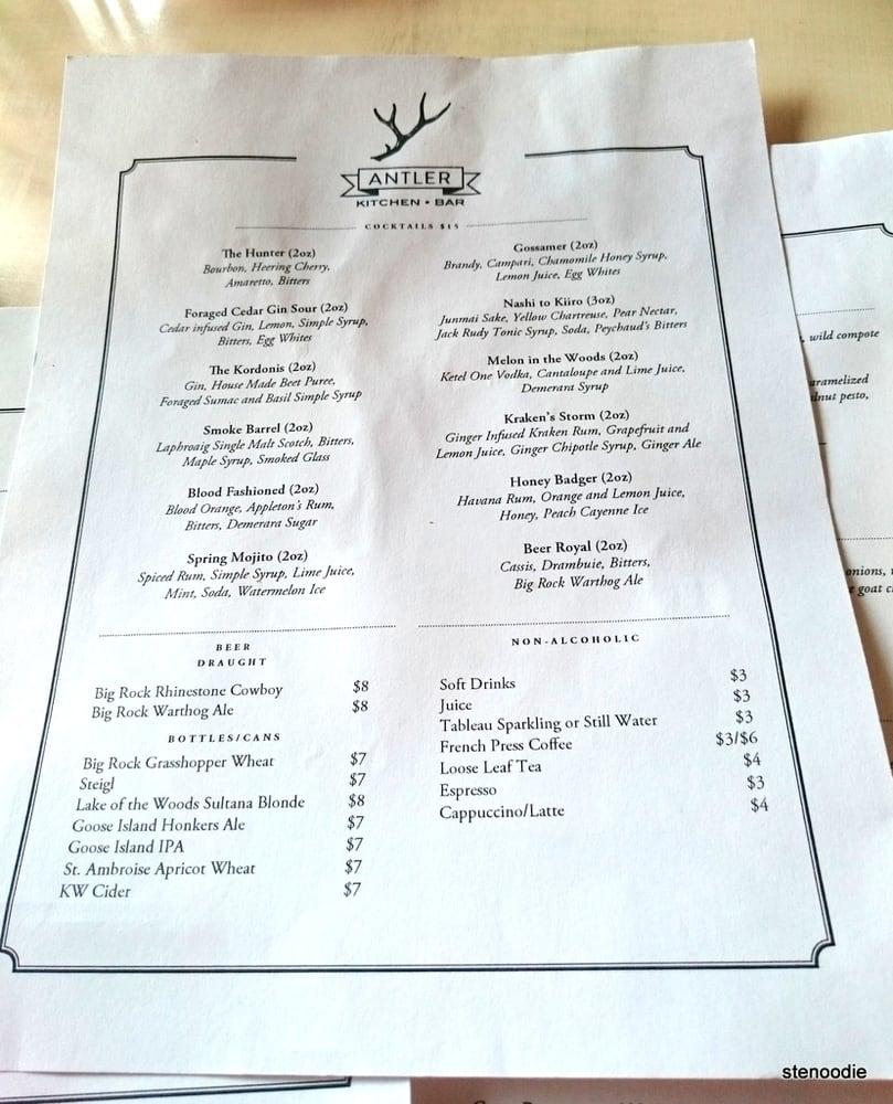 Menu at Antler Kitchen & Bar, Toronto