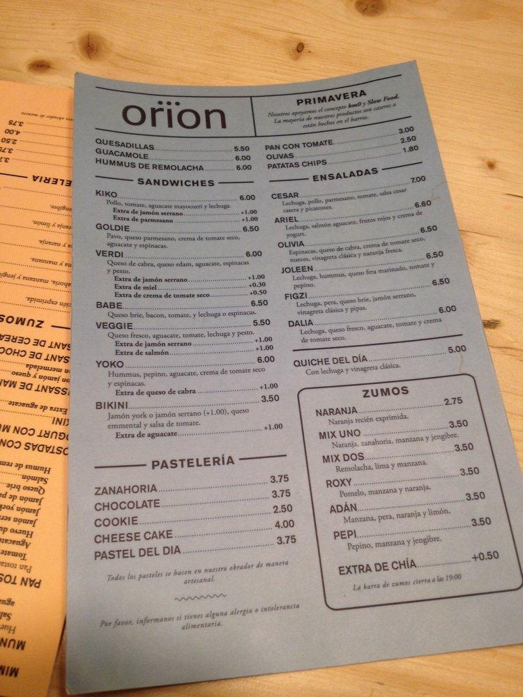 Menu at Cafè Orion cafeteria, Barcelona