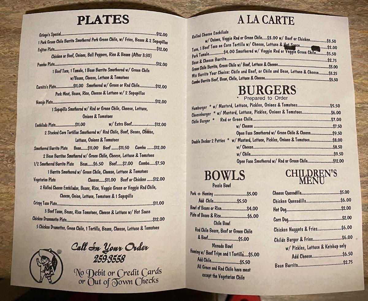 Menu at Griegos Restaurant, Durango