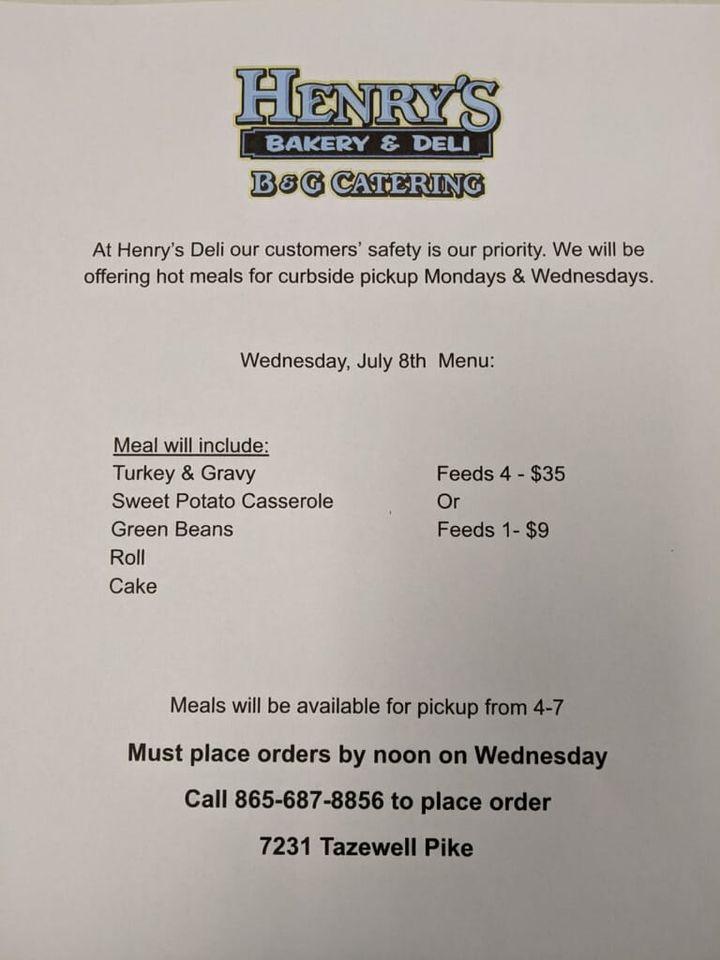 Menu at Henry's Deli restaurant, Corryton