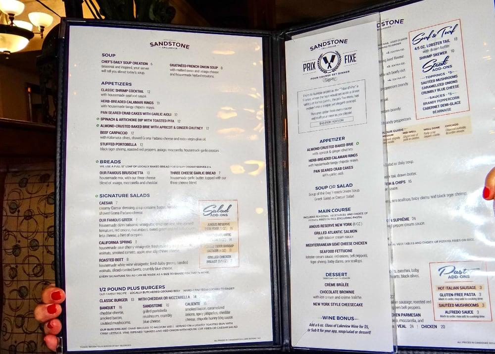 Menu at Sandstone Grillhouse steakhouse, Niagara Falls