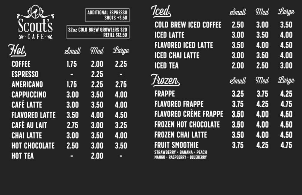 Menu at Scout's Café cafe, Springfield, Moorefield Rd