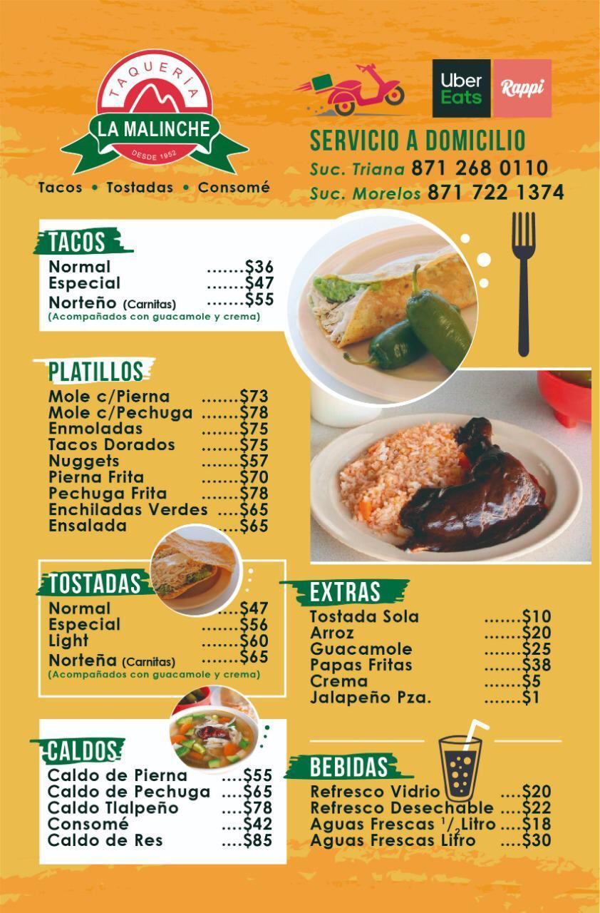 Menu at Taquería La Malinche restaurant, Torreón, Av Morelos 3402 Bis