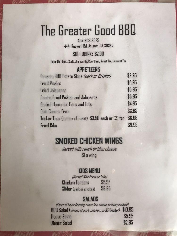 Menu at The Greater Good BBQ, Atlanta, Roswell Rd NE
