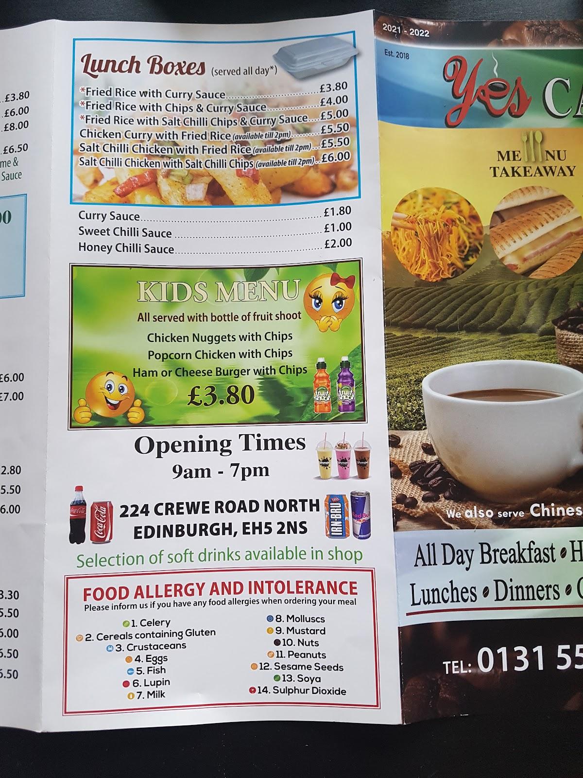 Menu at Yes Café cafe, Edinburgh, 224 Crewe Rd N