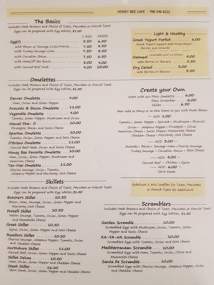 Menu at Honey Bee Cafe, Western Springs