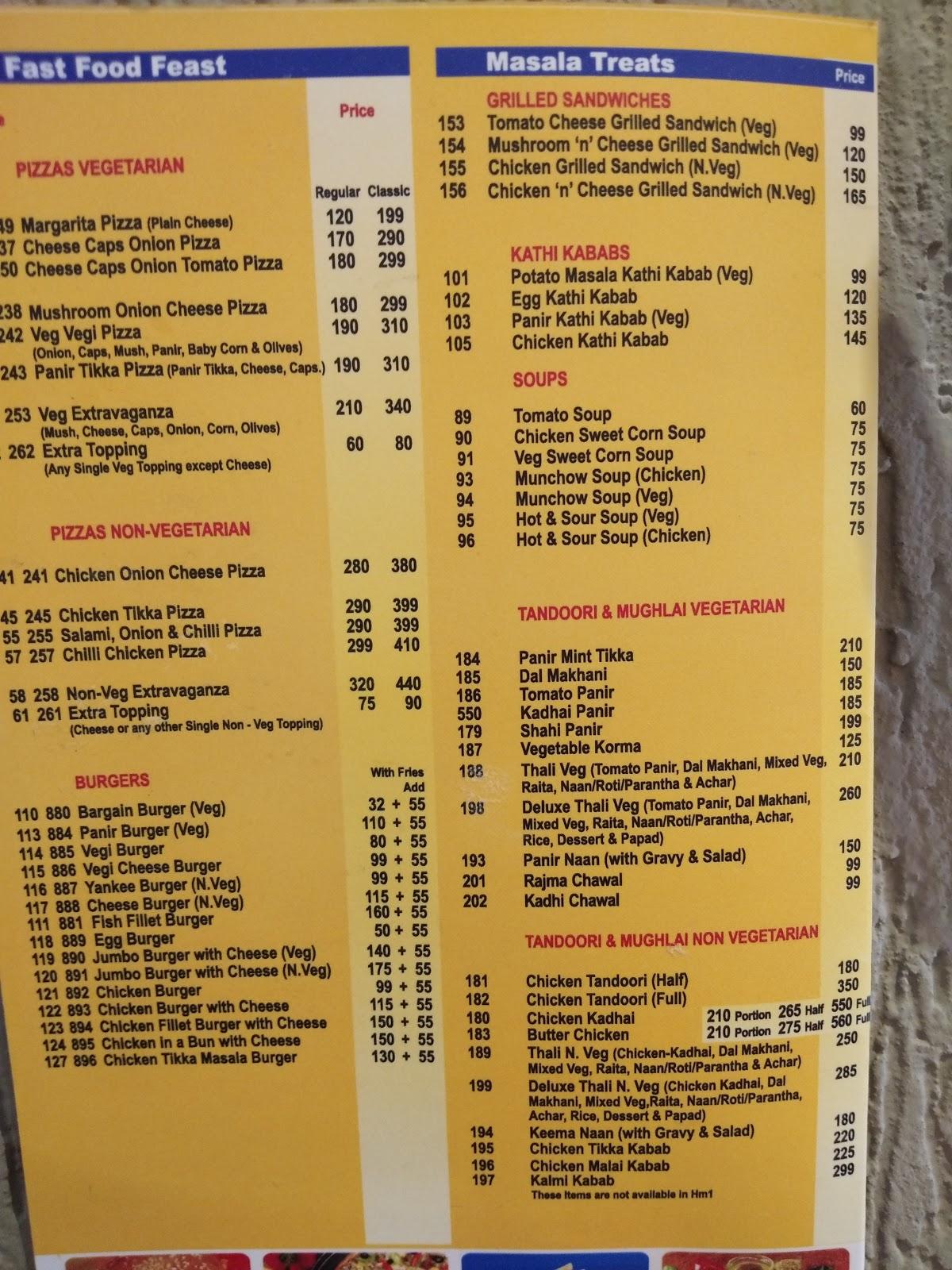Menu at Hot millions, Baddi