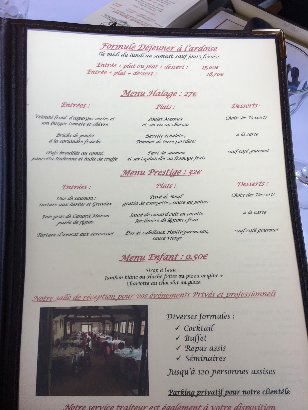Menu au L’auberge du Halage restaurant, Poses