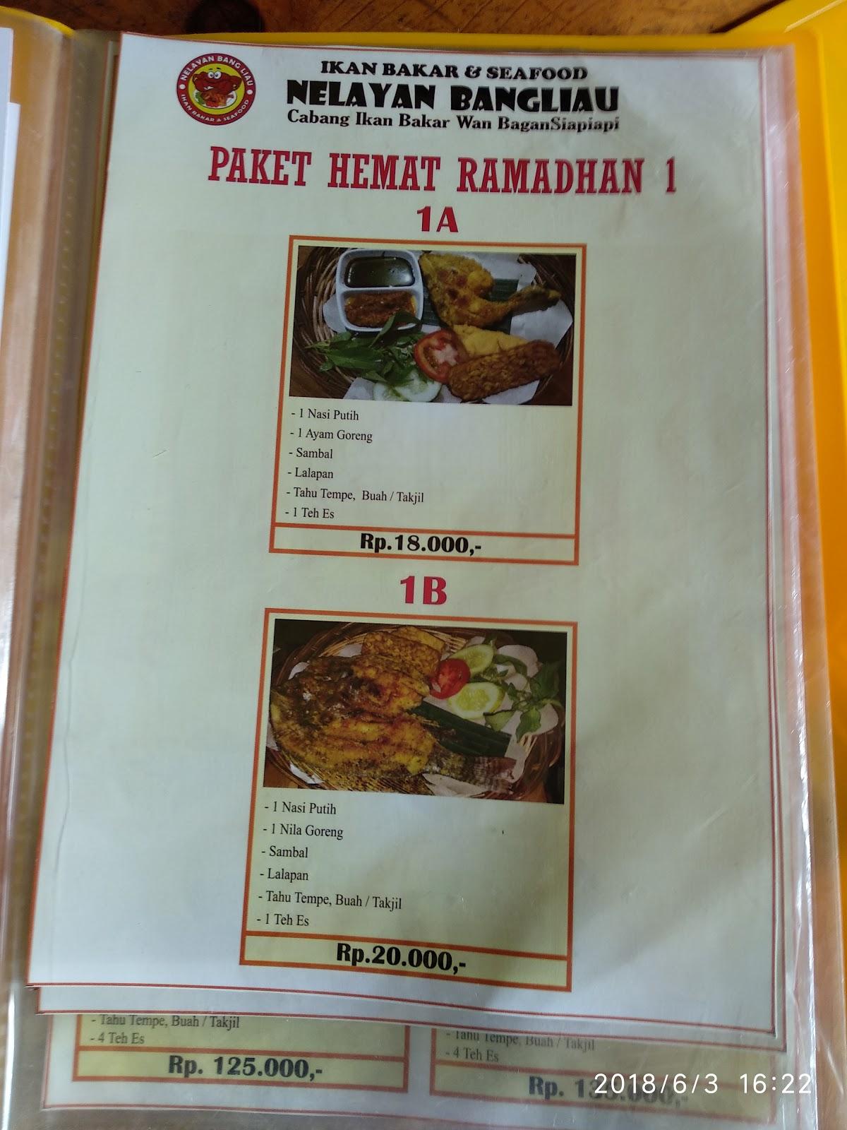 Menu at Nelayan Bang Liau restaurant, Pekanbaru