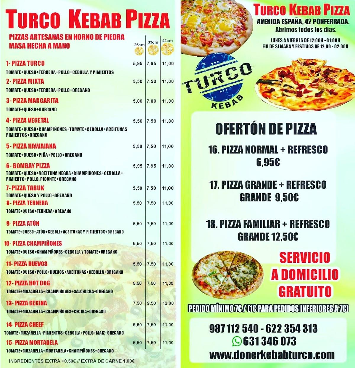 Menu at Restaurante Turco Kebab Pizza, Ponferrada