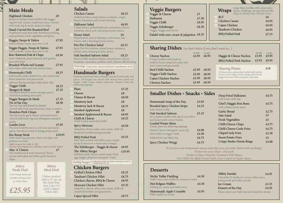 Menu at The Abbey pub & bar, Edinburgh