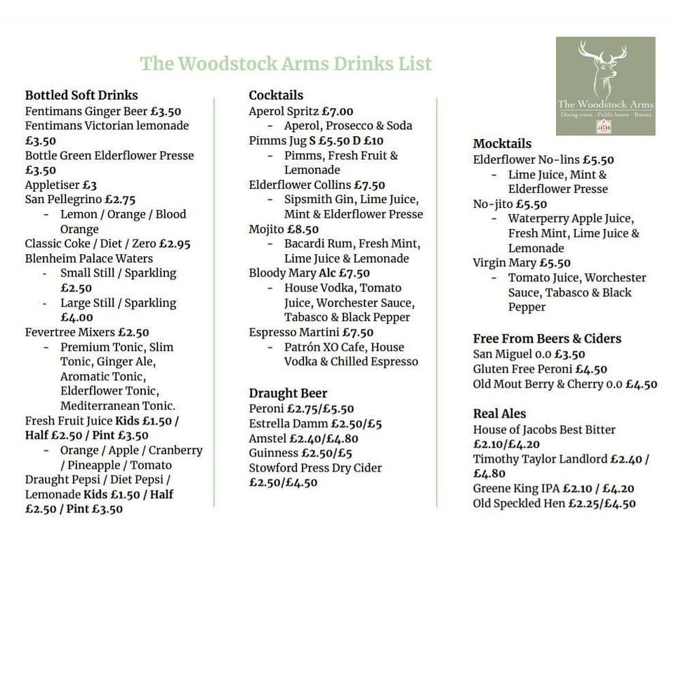 Menu at The Woodstock Arms pub & bar, Woodstock