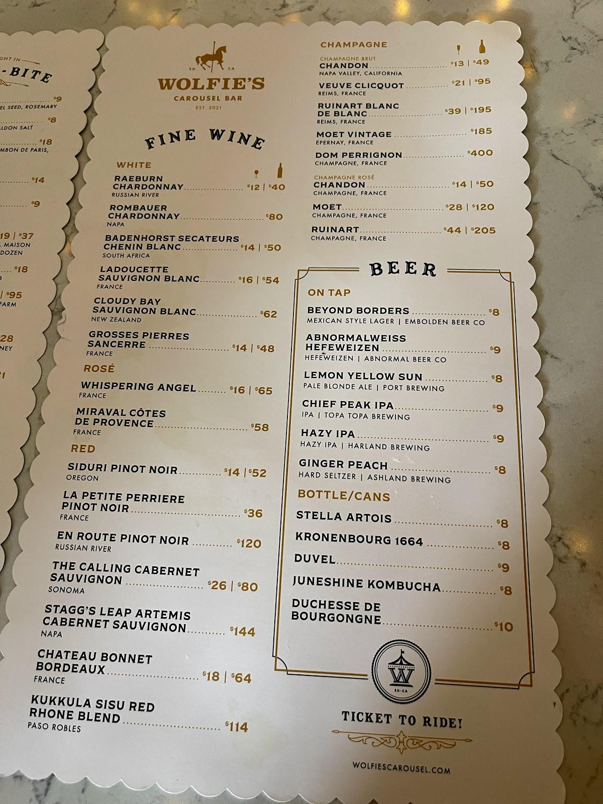 Menu at Wolfie's Carousel Bar, San Diego