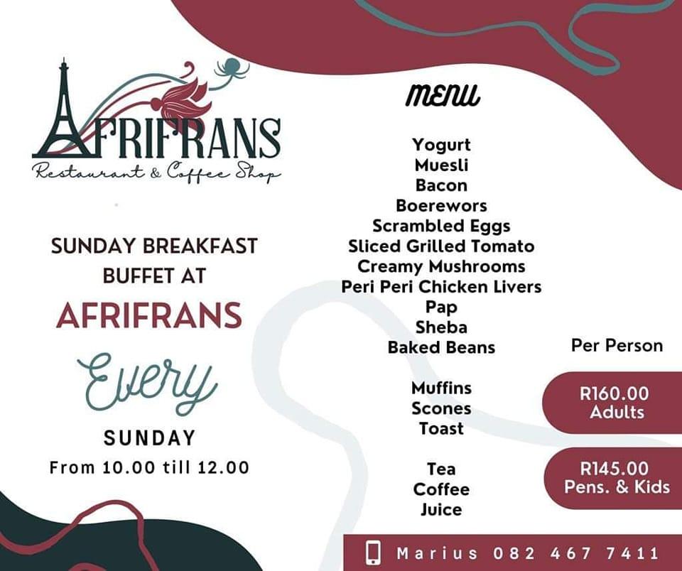 Menu at Afrifrans at Delectus Manor restaurant, Pretoria