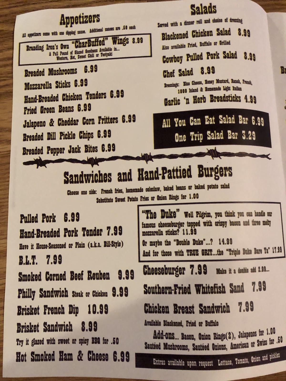 Menu at BRANDING IRON Restaurant and Saloon, Sunrise Beach