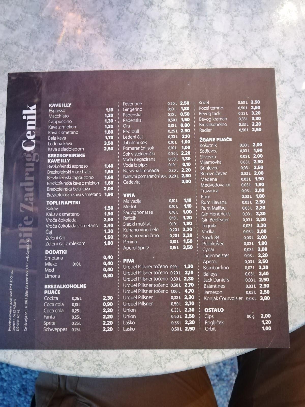 Menu da Bife Zadruga pub & bar, Caporetto