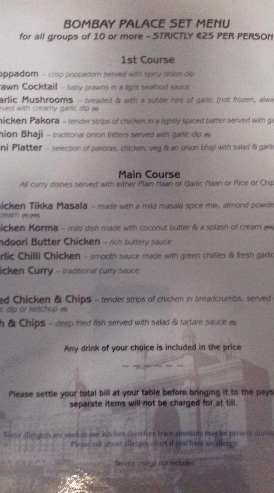 Menu at Bombay Palace restaurant, Castlerea
