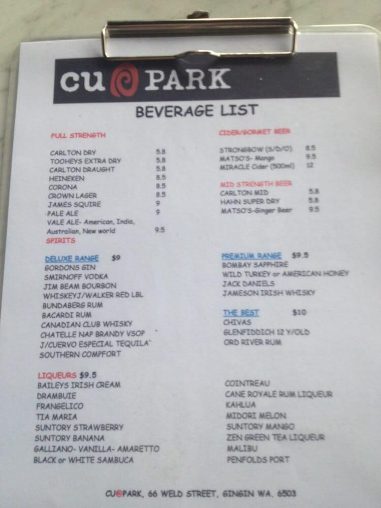 Menu at CU@Park Cafe, Gingin
