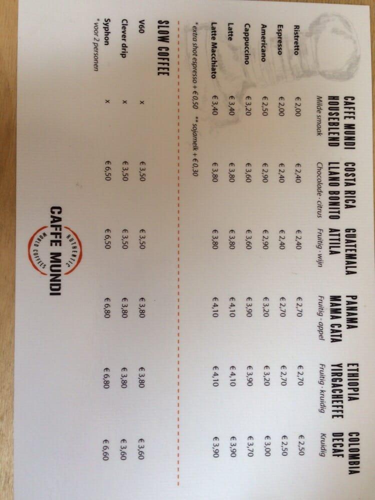Menu at Caffe Mundi, Antwerp